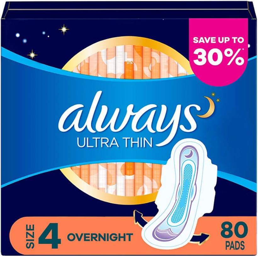 Always Ultra Thin Overnight Pads with Flexi-Wings, Unscented - Size 4 ...